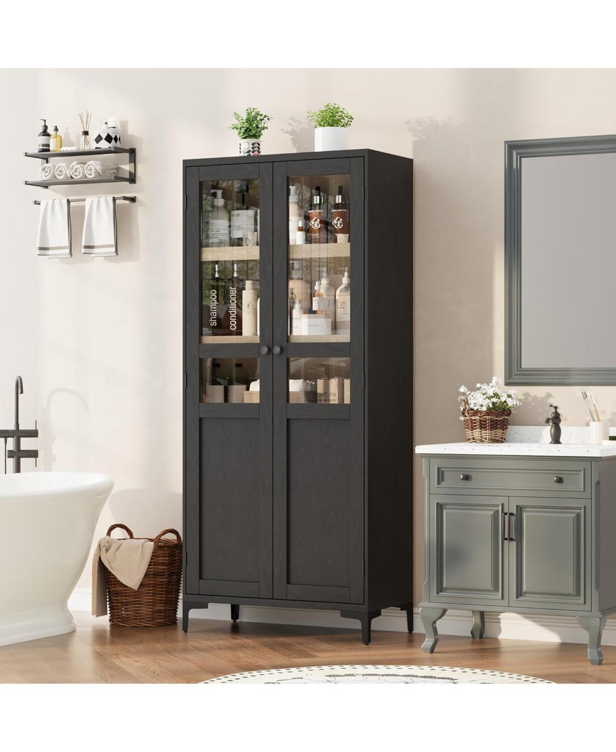 Click here for homfan 63 Tall Pantry Cabinet with Glass Doors  5-... prices
