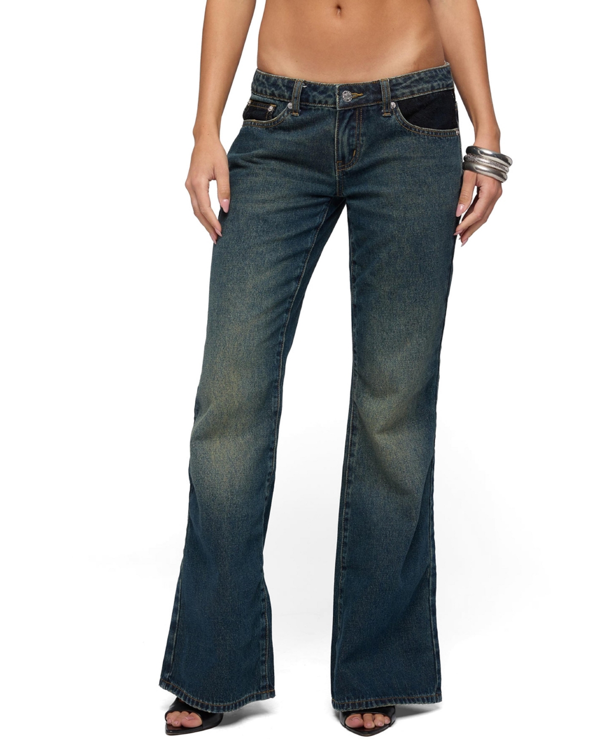 Click here for Edikted Womens Tatem Lacey Low Rise Flared Jeans -... prices