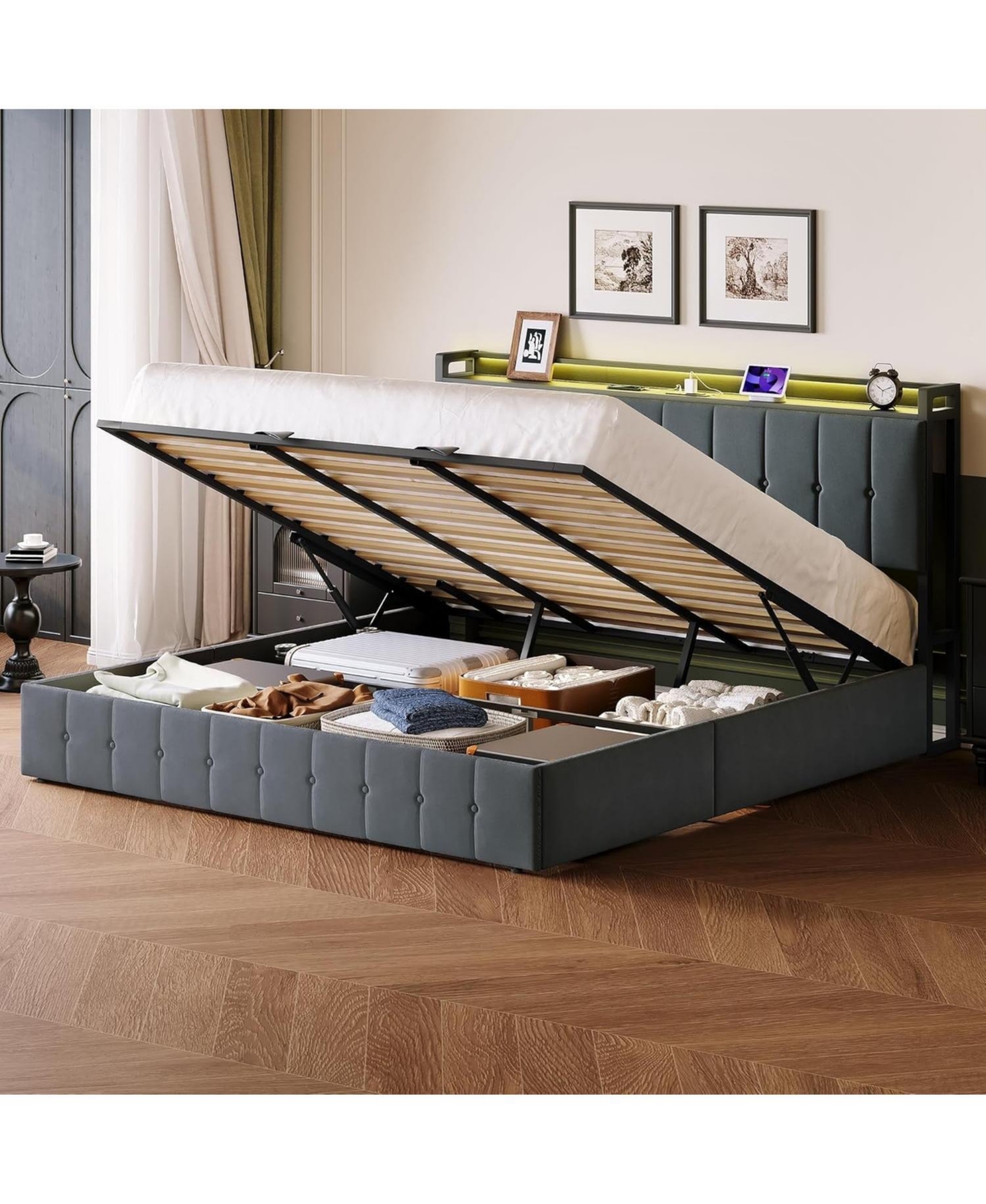 Click here for gaomon Bed Frame Lift-Up Storage Led Lights Uphols... prices