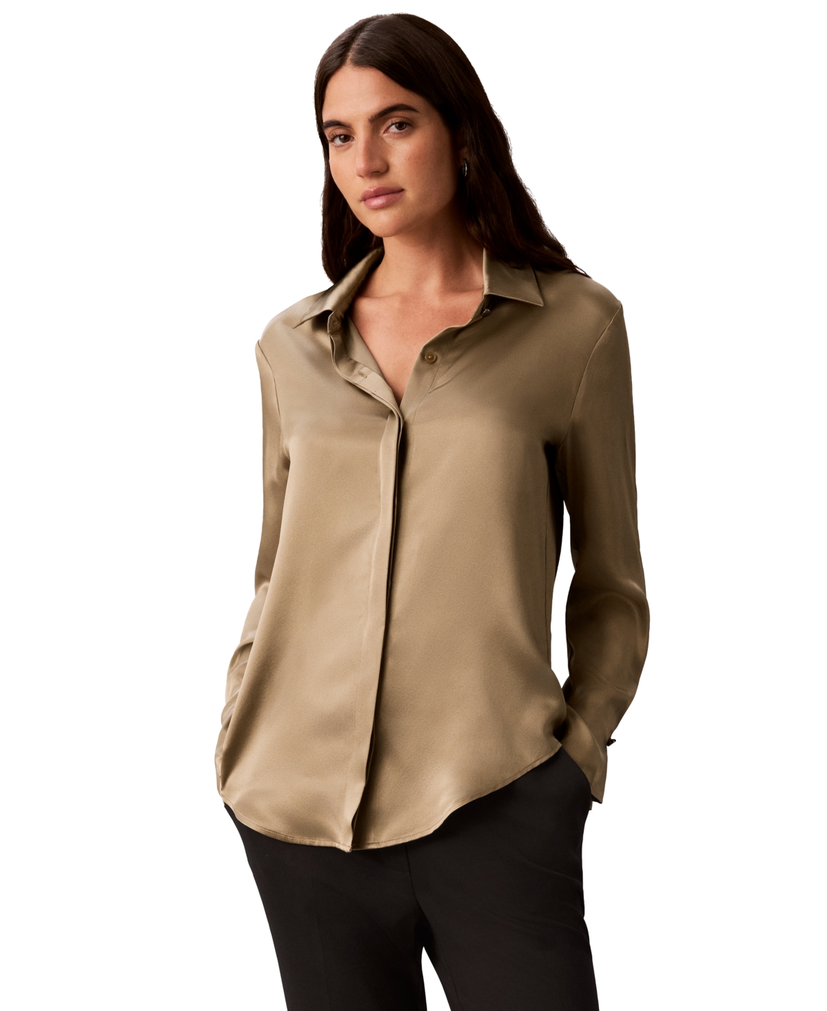 Click here for Calvin Klein Petite Pleated Long-Sleeve Button-Fro... prices