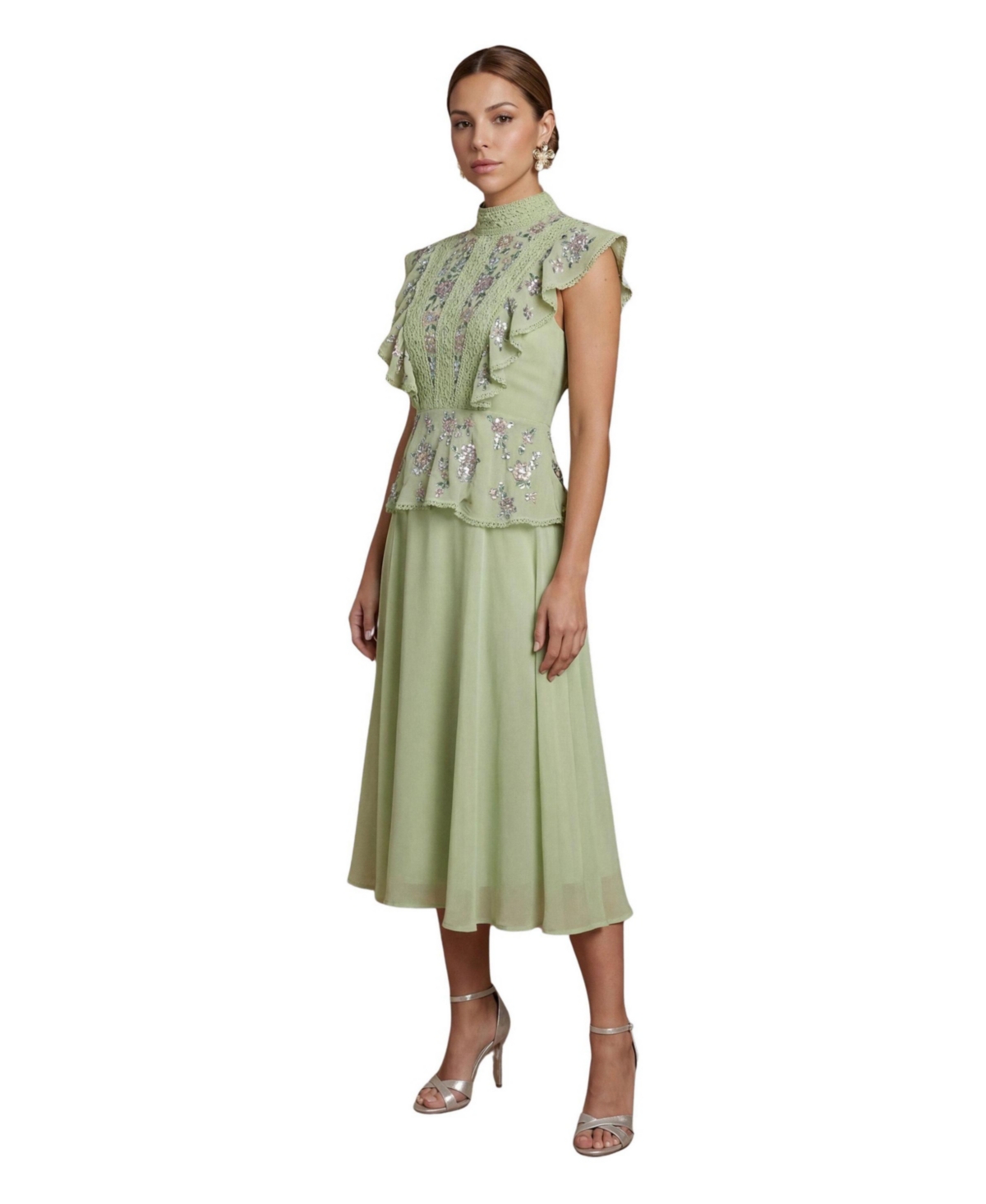 Click here for Coast Womens Embellished Frill Midi Dress - Sage prices