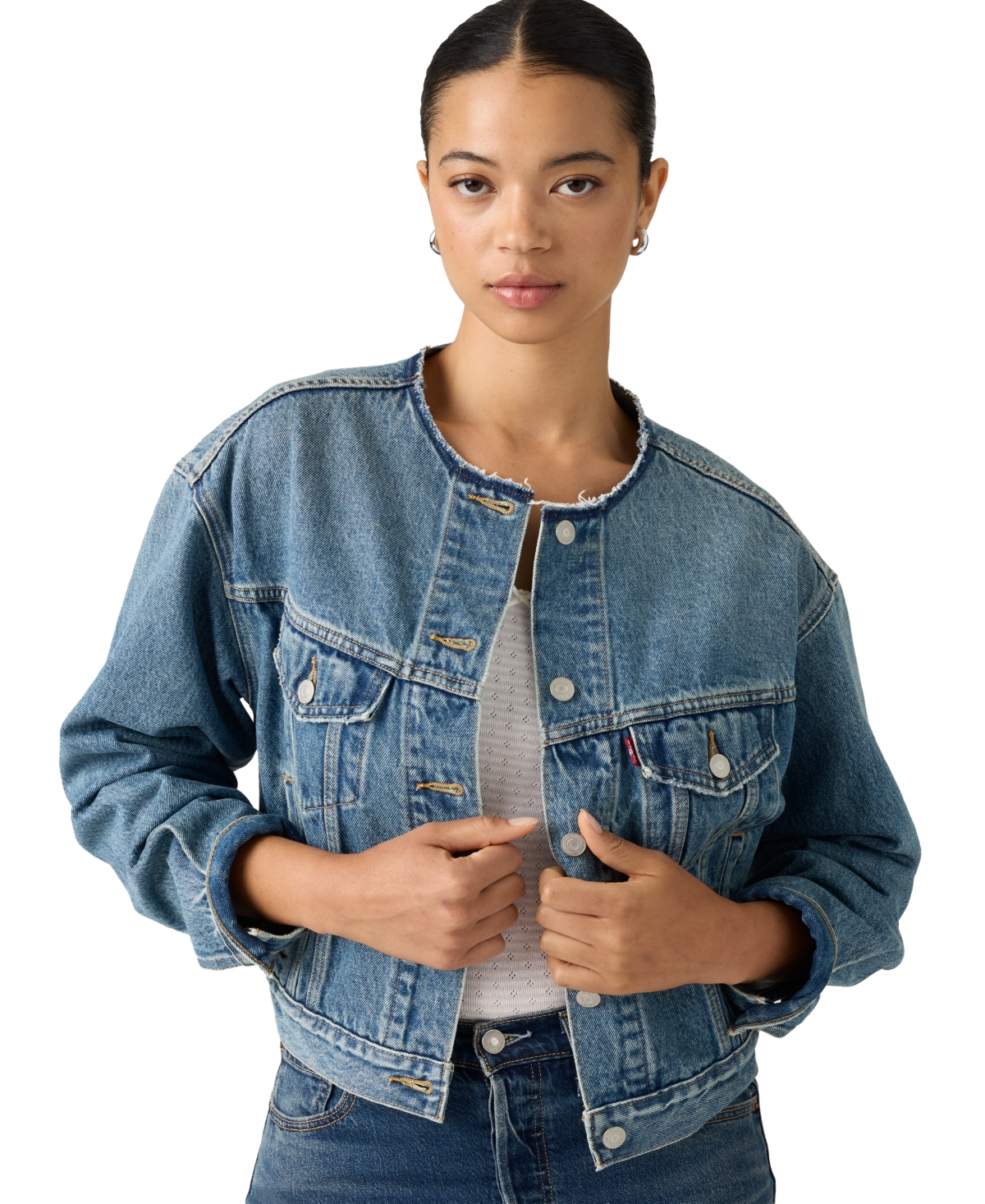 Click here for Levis Womens 90s Collarless Shrunken Trucker Jacke... prices