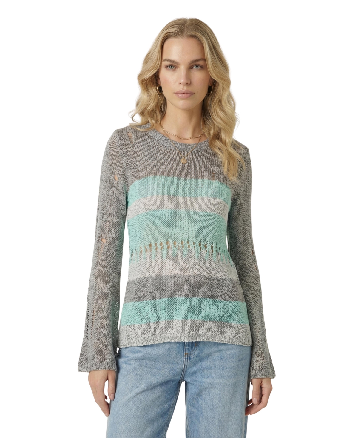 Click here for Modenaire Womens Distressed Stripe Flared-Sleeve K... prices
