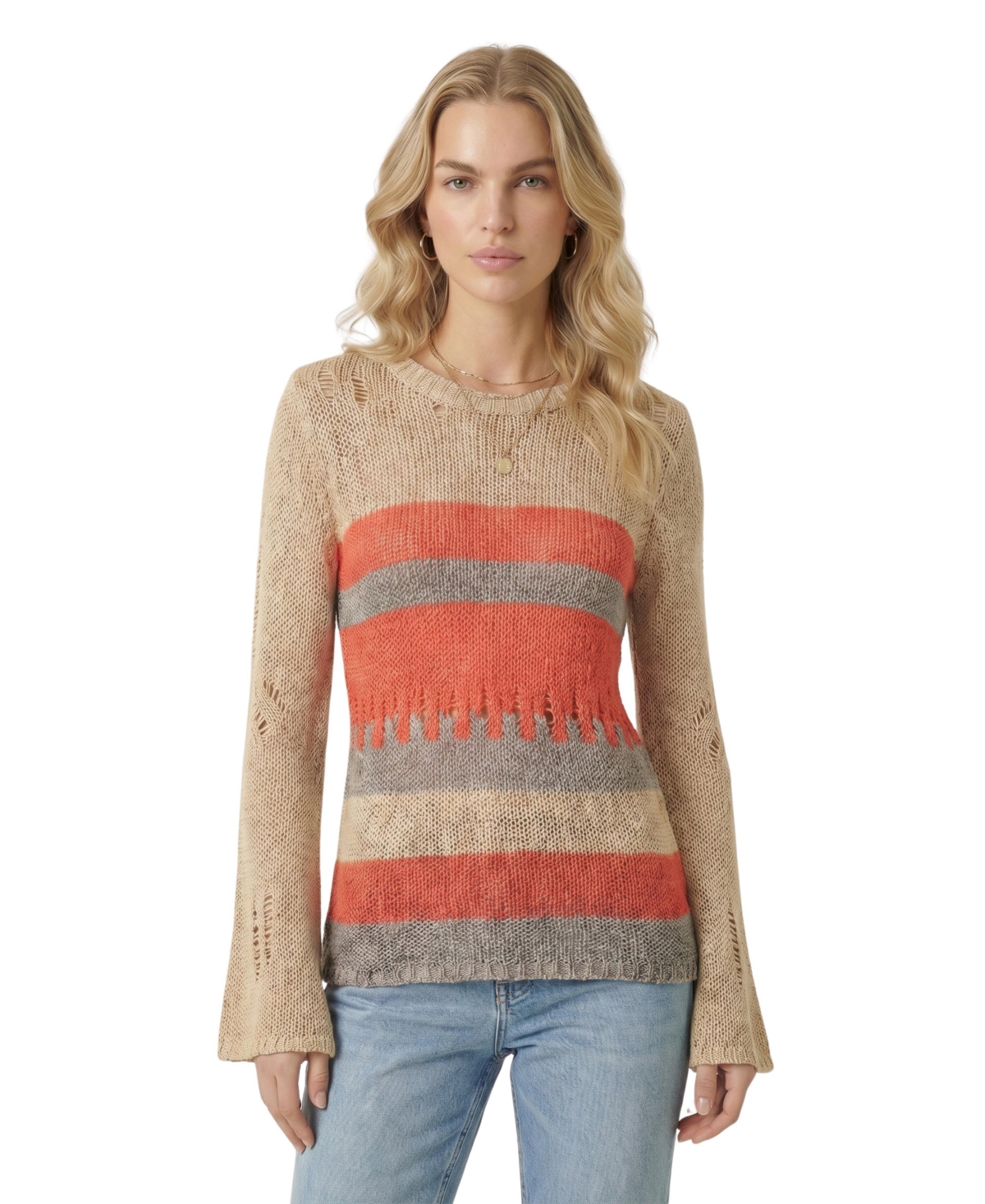Click here for Modenaire Womens Distressed Stripe Flared-Sleeve K... prices