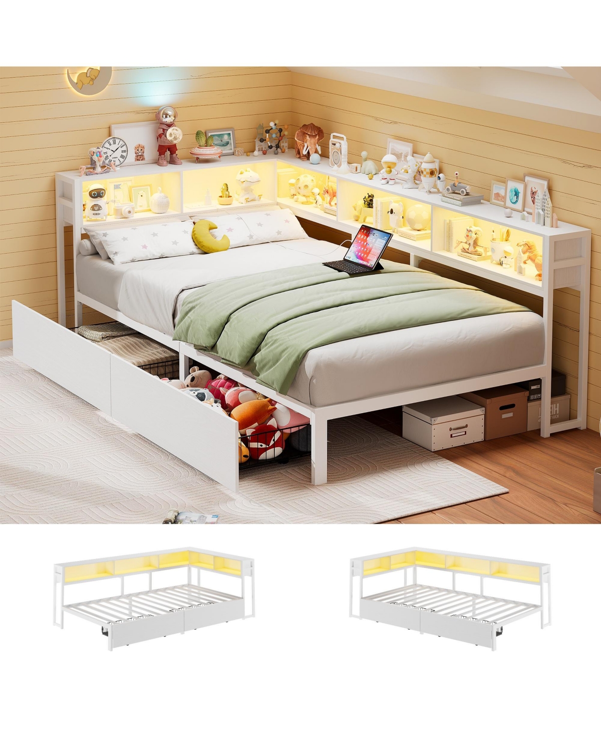 Click here for gaomon Corner Bed Frame with Charging Station and... prices