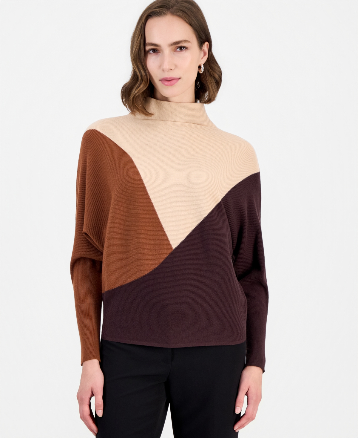 Click here for T Tahari Womens Colorblock Dolman-Sleeve Funnel-Ne... prices