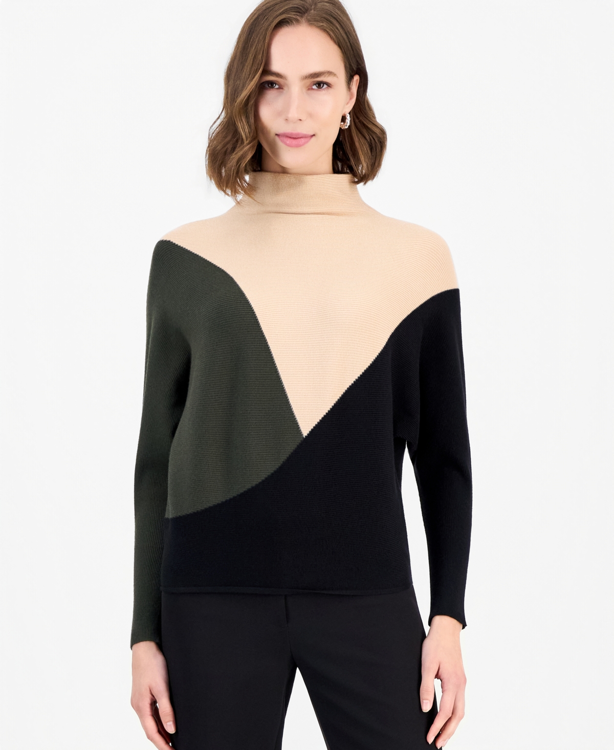 Click here for T Tahari Womens Colorblock Dolman-Sleeve Funnel-Ne... prices