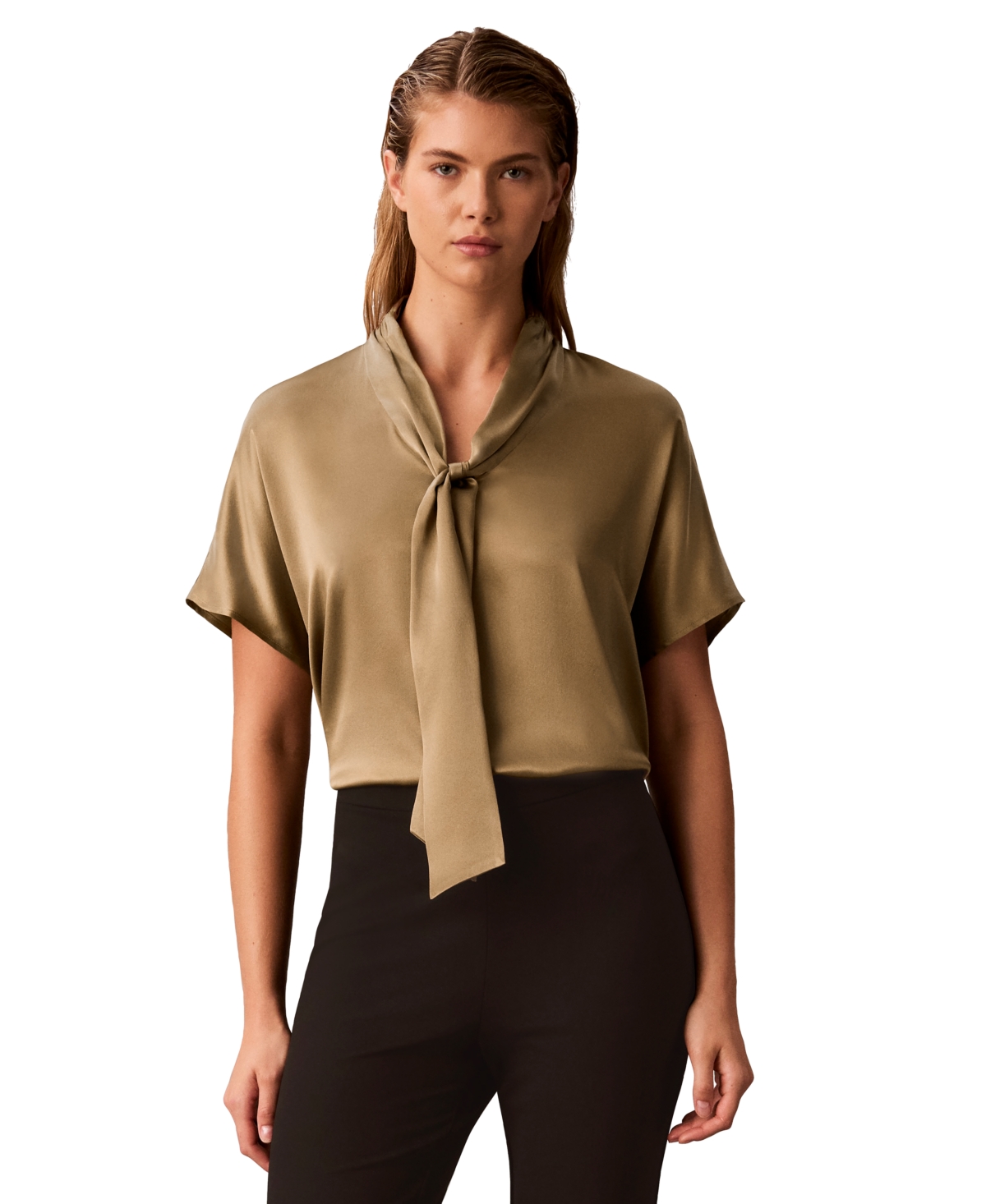 Click here for Calvin Klein Womens Matte Satin Tie-Neck Blouse -... prices