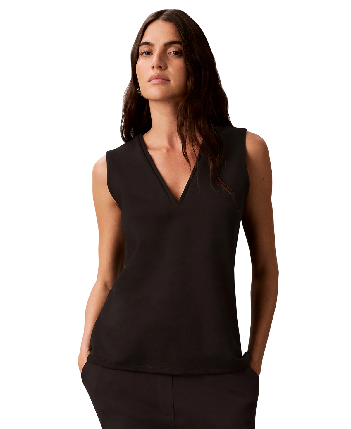 Click here for Calvin Klein Womens V-Neck Banded Shell Top - Blac... prices