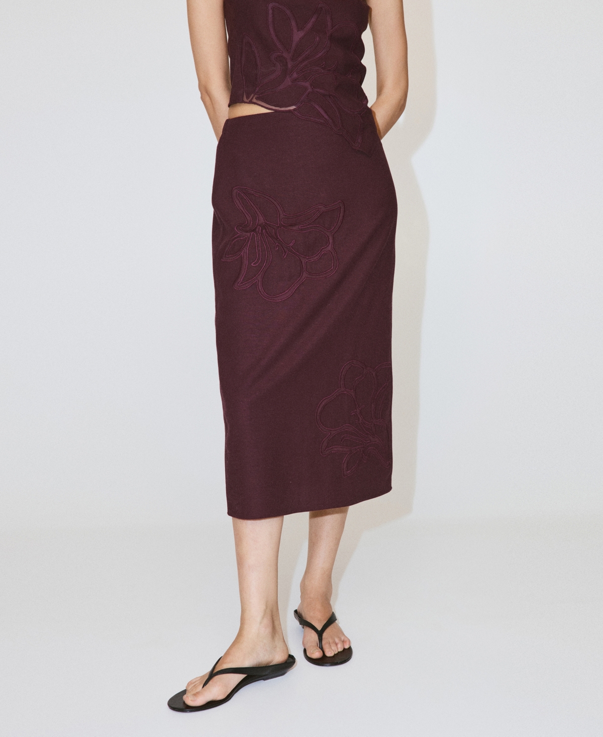 Click here for Mango Womens Floral Embroidered Linen Skirt - Dark... prices