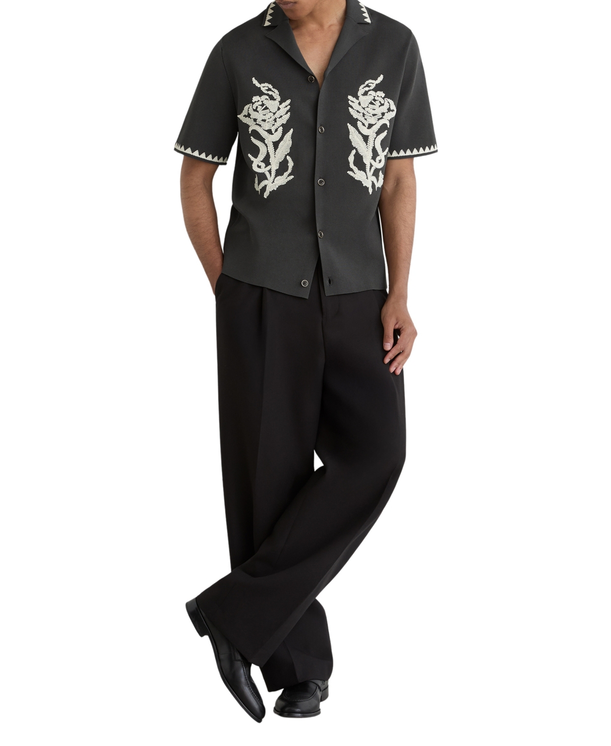 Click here for Reiss Mens Folia Floral-Embroidered Knitted Shirt... prices