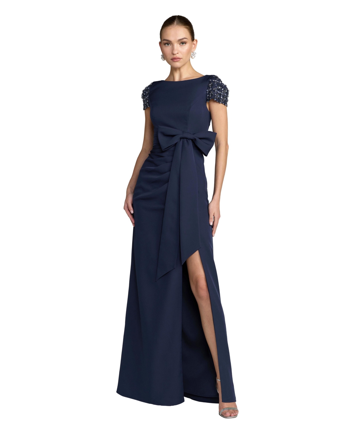 Click here for Mac Duggal Womens Beaded Cap Sleeve Crepe Gown Wit... prices