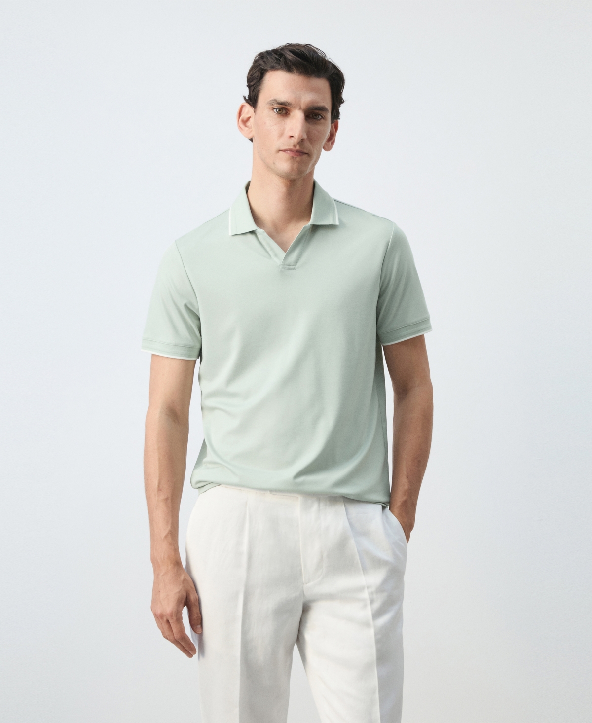 Click here for Mango Mens Plain Ribbed Polo Shirt - Pastel Green prices