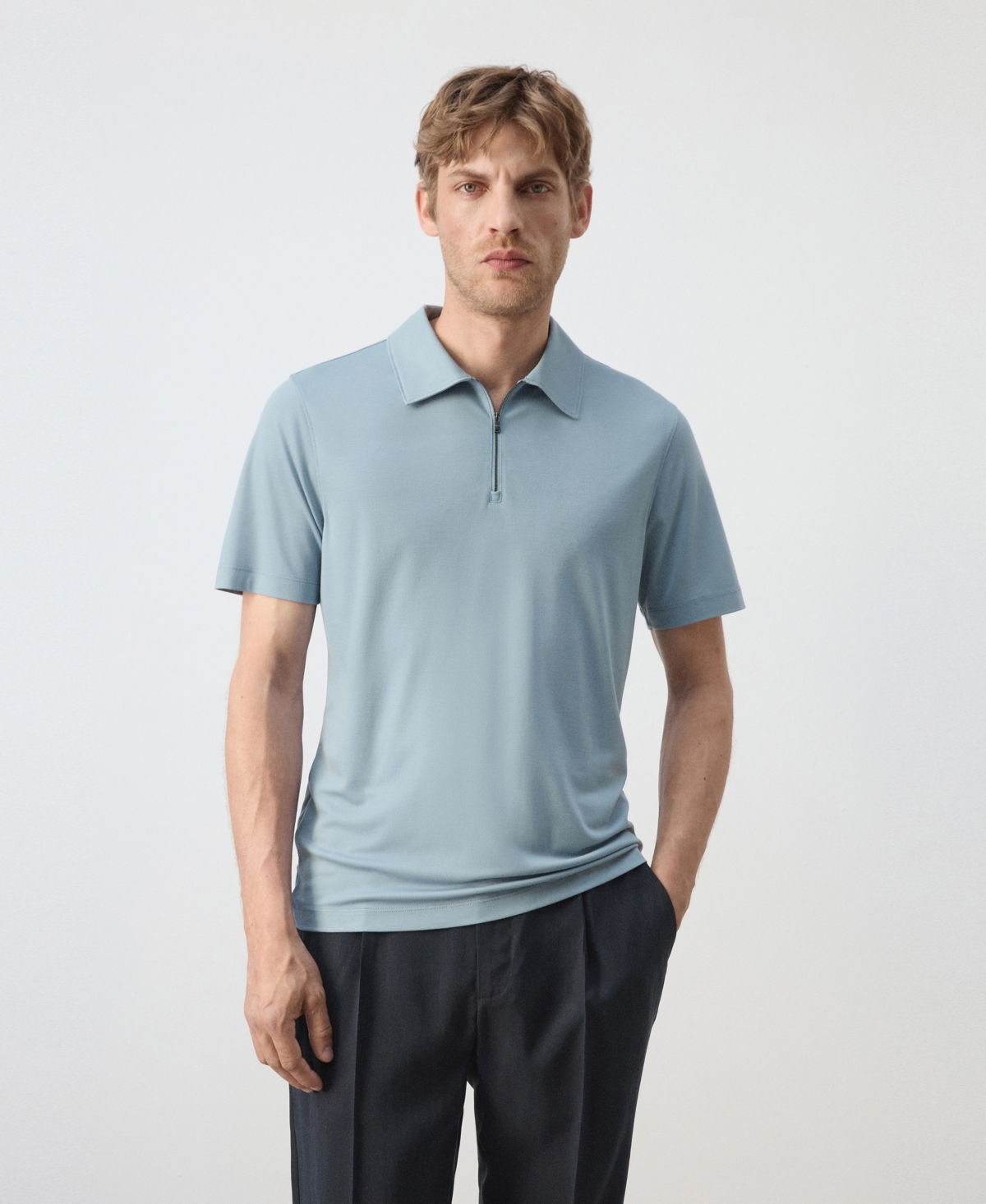 Click here for Mango Mens Regular- Fit Zip-Up Polo Shirt - Sky Bl... prices