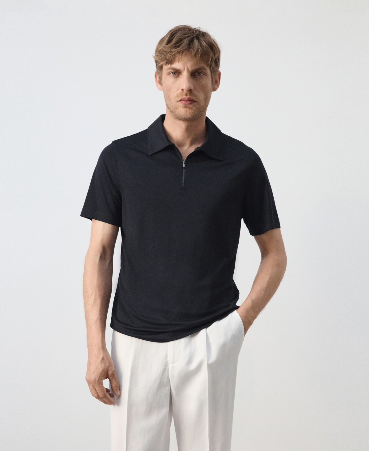 Click here for Mango Mens Regular- Fit Zip-Up Polo Shirt - Navy prices