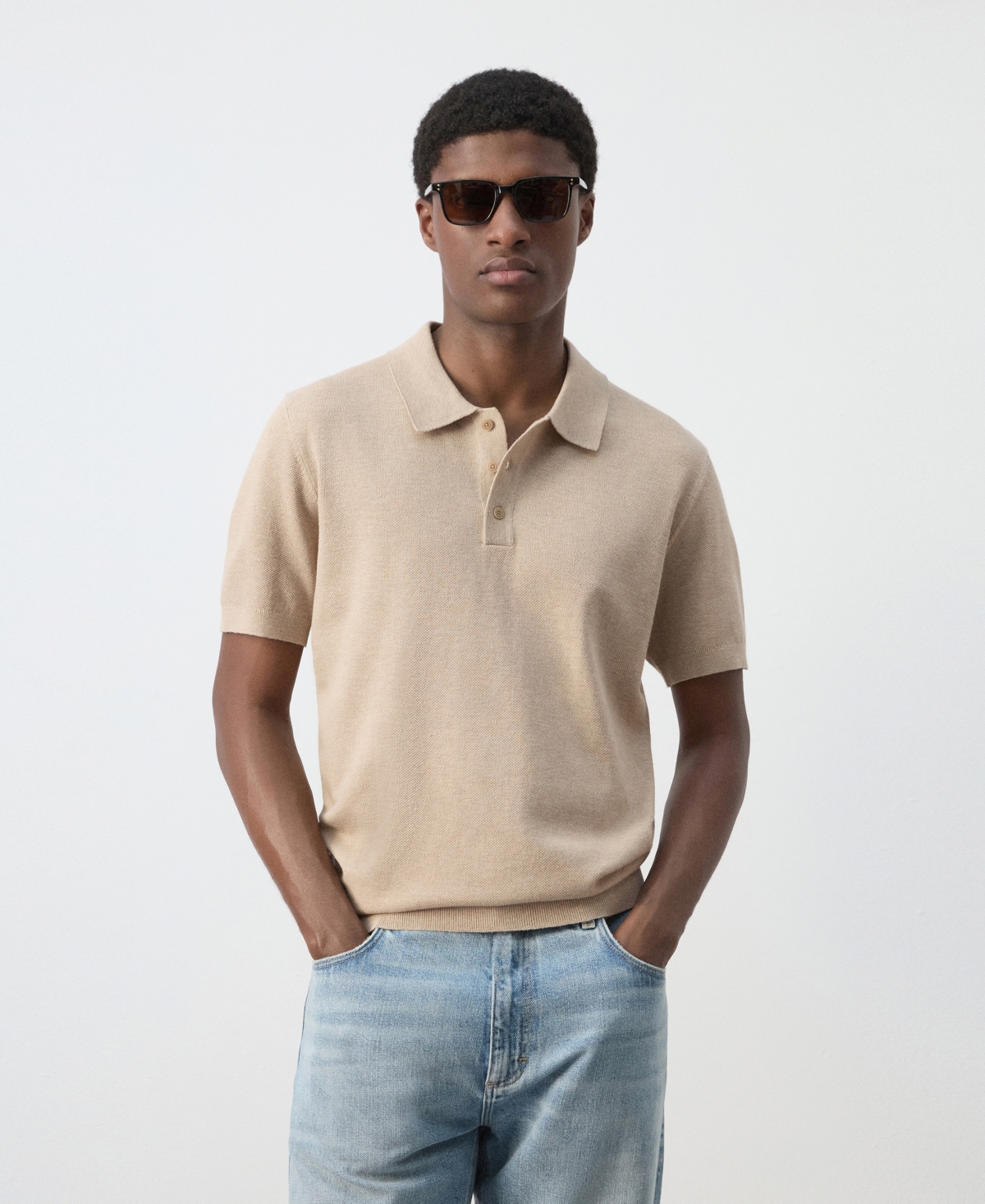 Click here for Mango Mens Fine-Knit Cotton Polo Shirt - Beige prices