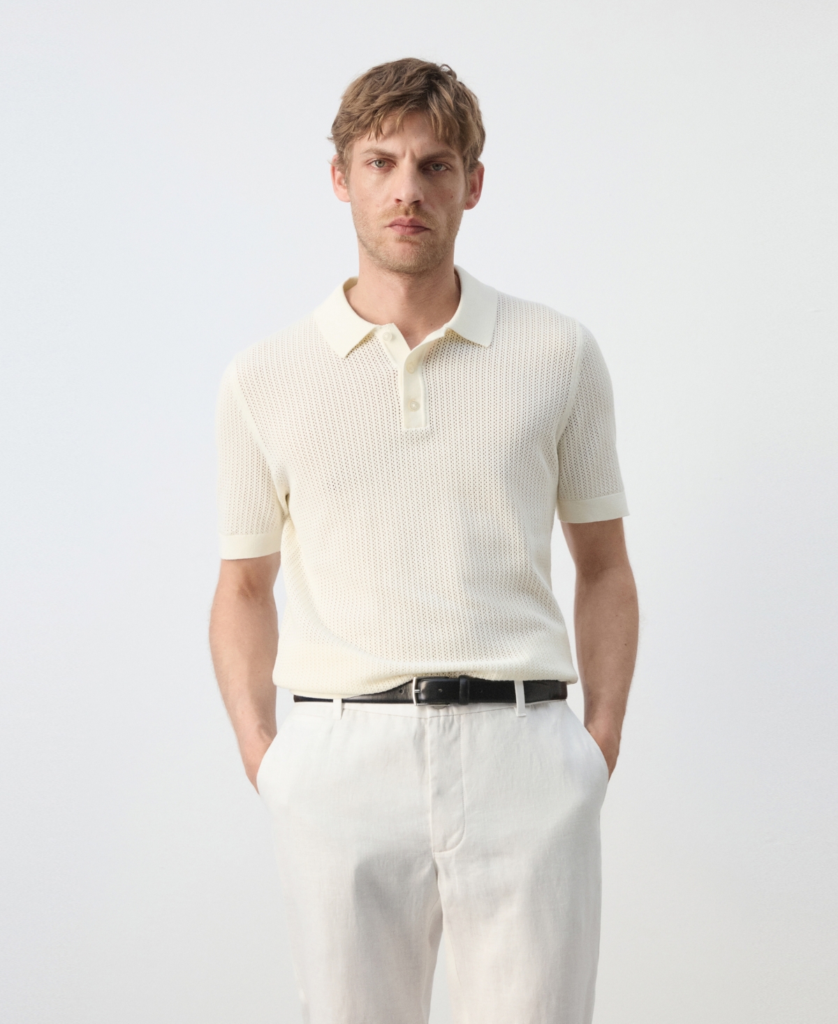 Click here for Mango Mens Cotton Knitted Polo Shirt - Off White prices