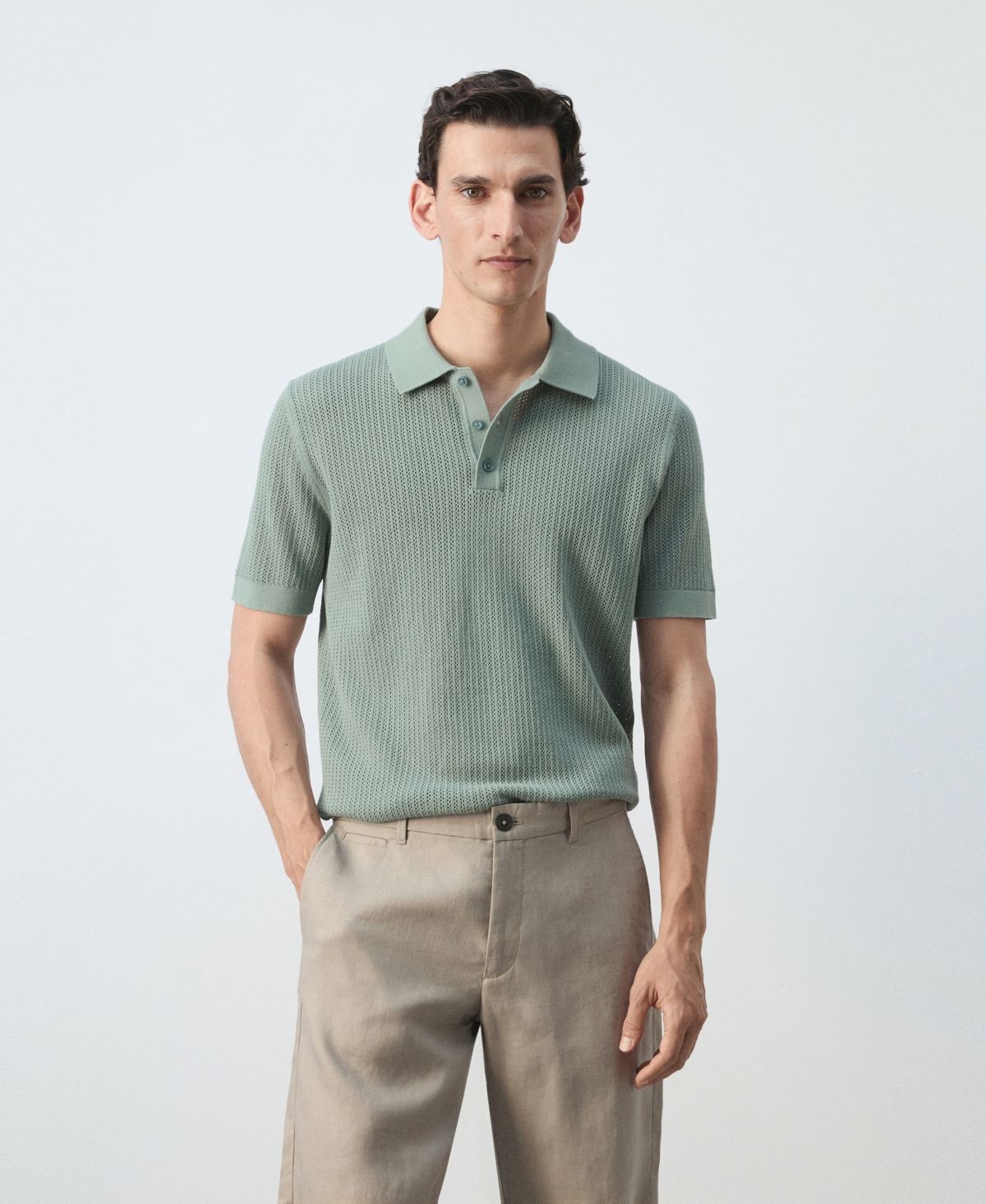 Click here for Mango Mens Cotton Knitted Polo Shirt - Emerald Gre... prices