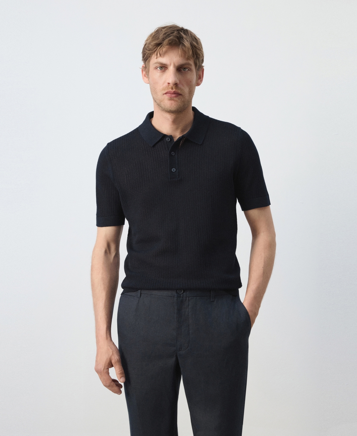 Click here for Mango Mens Cotton Knitted Polo Shirt - Navy prices