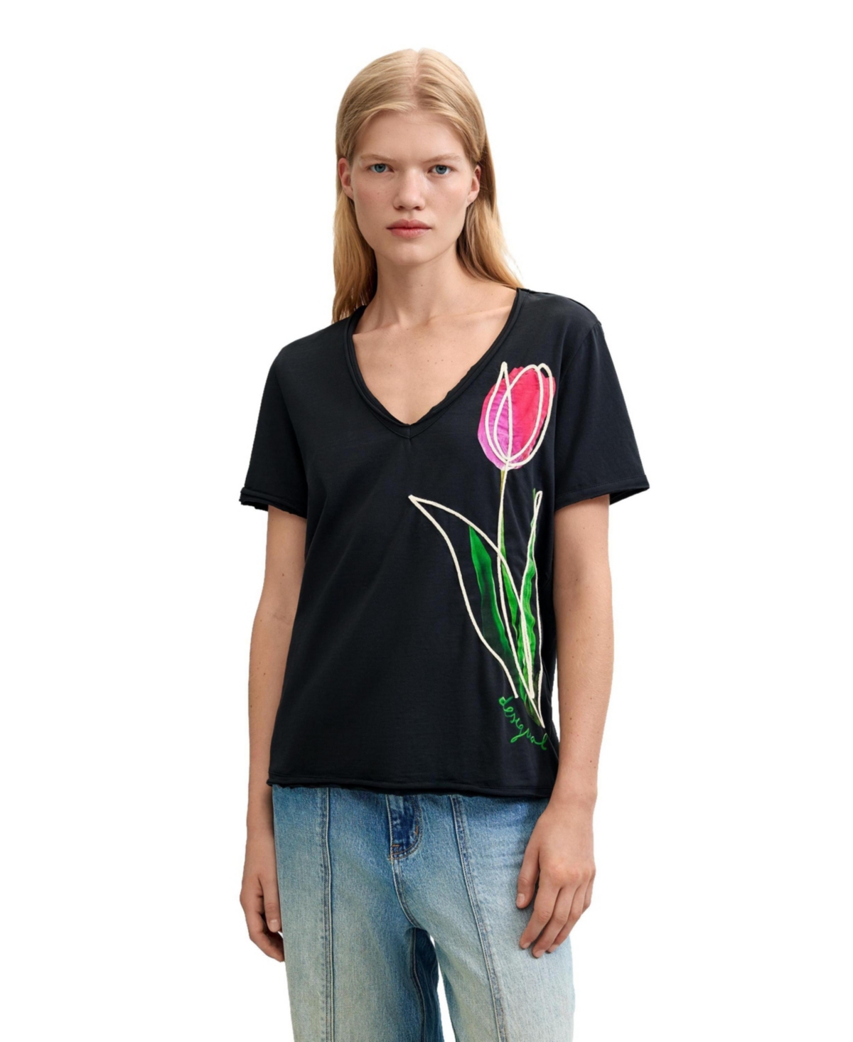Click here for Desigual Womens Floral Print T-shirt - Black prices