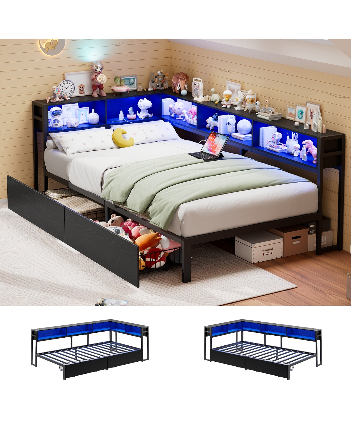 Click here for gaomon Corner Bed Frame with Charging Station and... prices