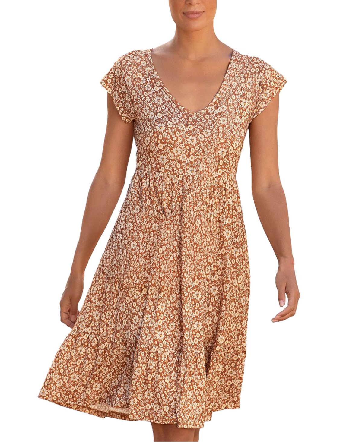 Click here for Lascana Womens V-Neck Flounce Dress - Brown multi prices