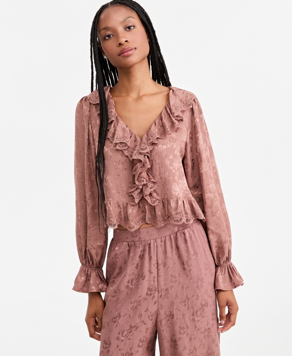 Click here for And Now This Petite V-Neck Ruffle Satin Jacquard B... prices