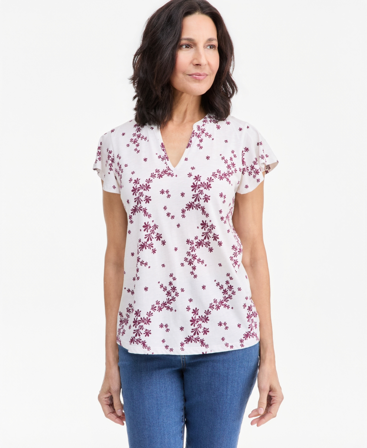Click here for Style & Co Womens Printed Flutter-Sleeve V-Neck To... prices