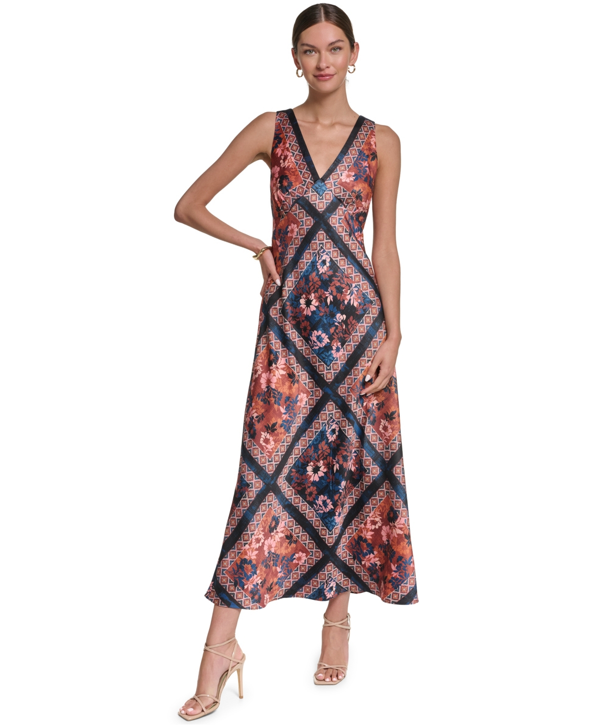 Click here for Halston Womens Printed Satin Dress - Deep Navy Sca... prices