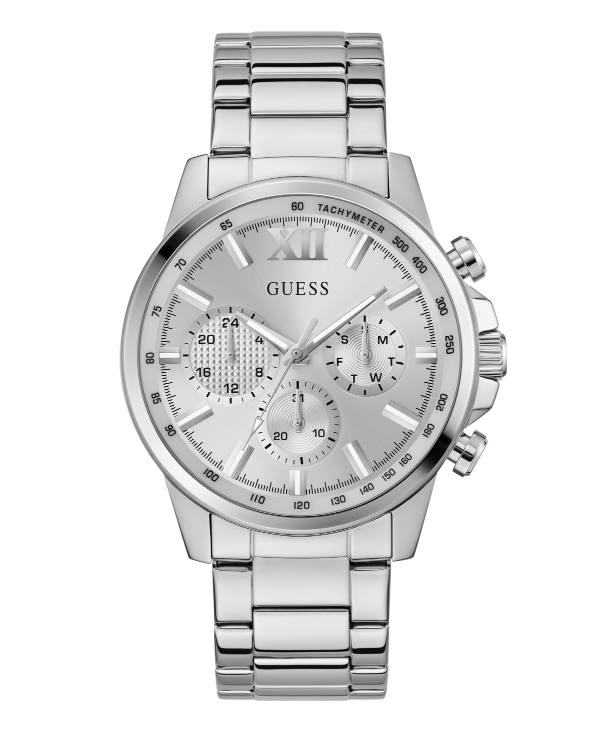 Click here for Guess Mens Quartz Silver-Tone Stainless Steel Watc... prices