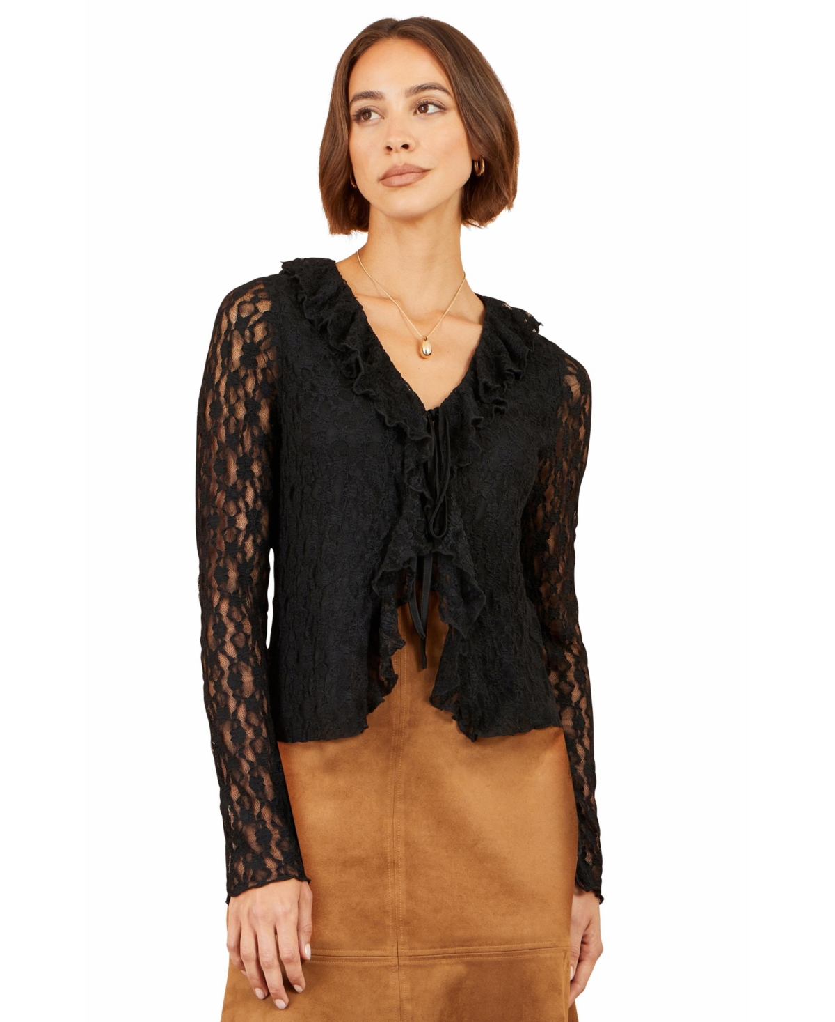 Click here for Yumi Womens Ruffled Lace Tie Neck Top - Black prices