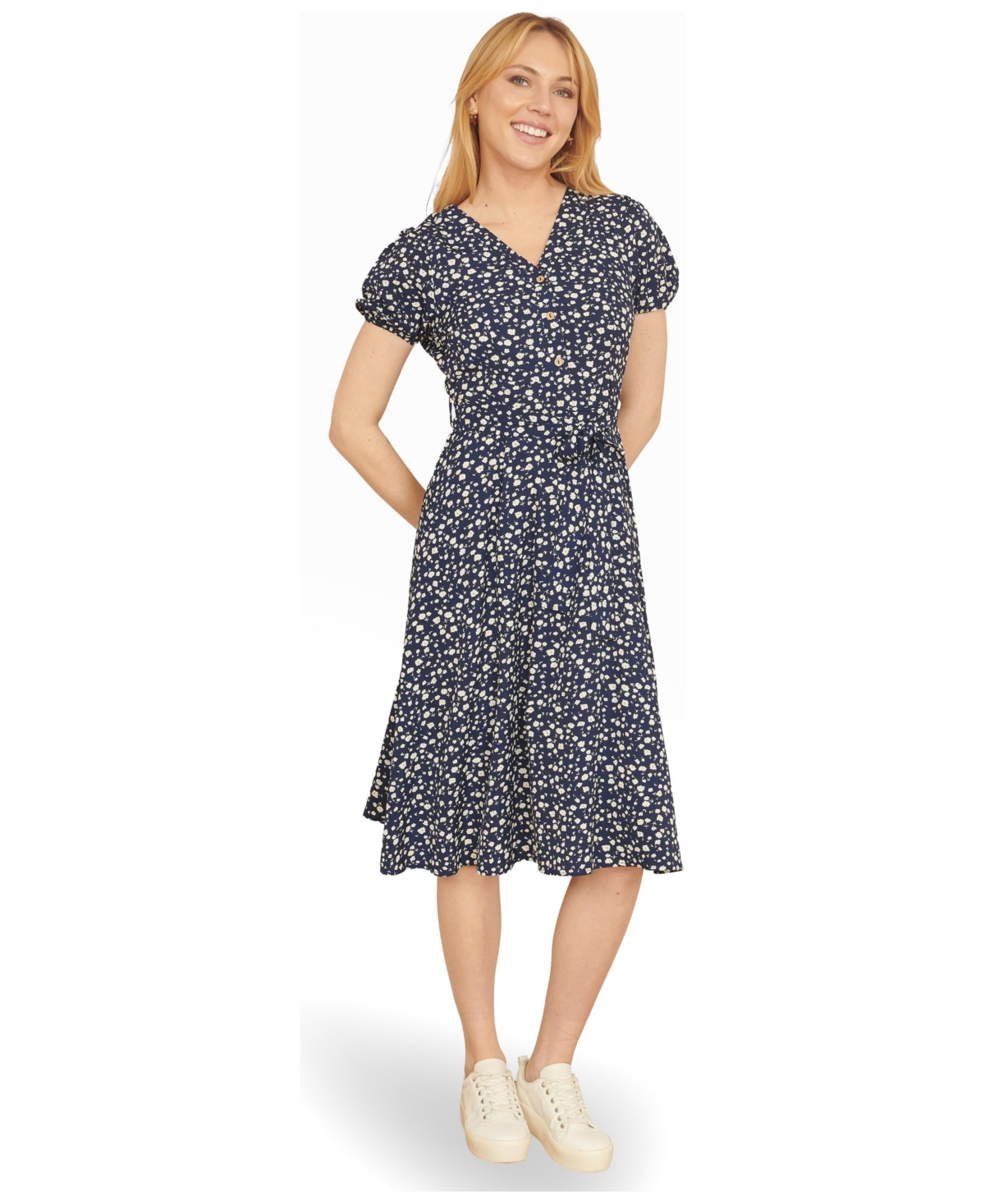 Click here for Yumi Womens Floral-Print Tie-Waist Midi Dress - Na... prices