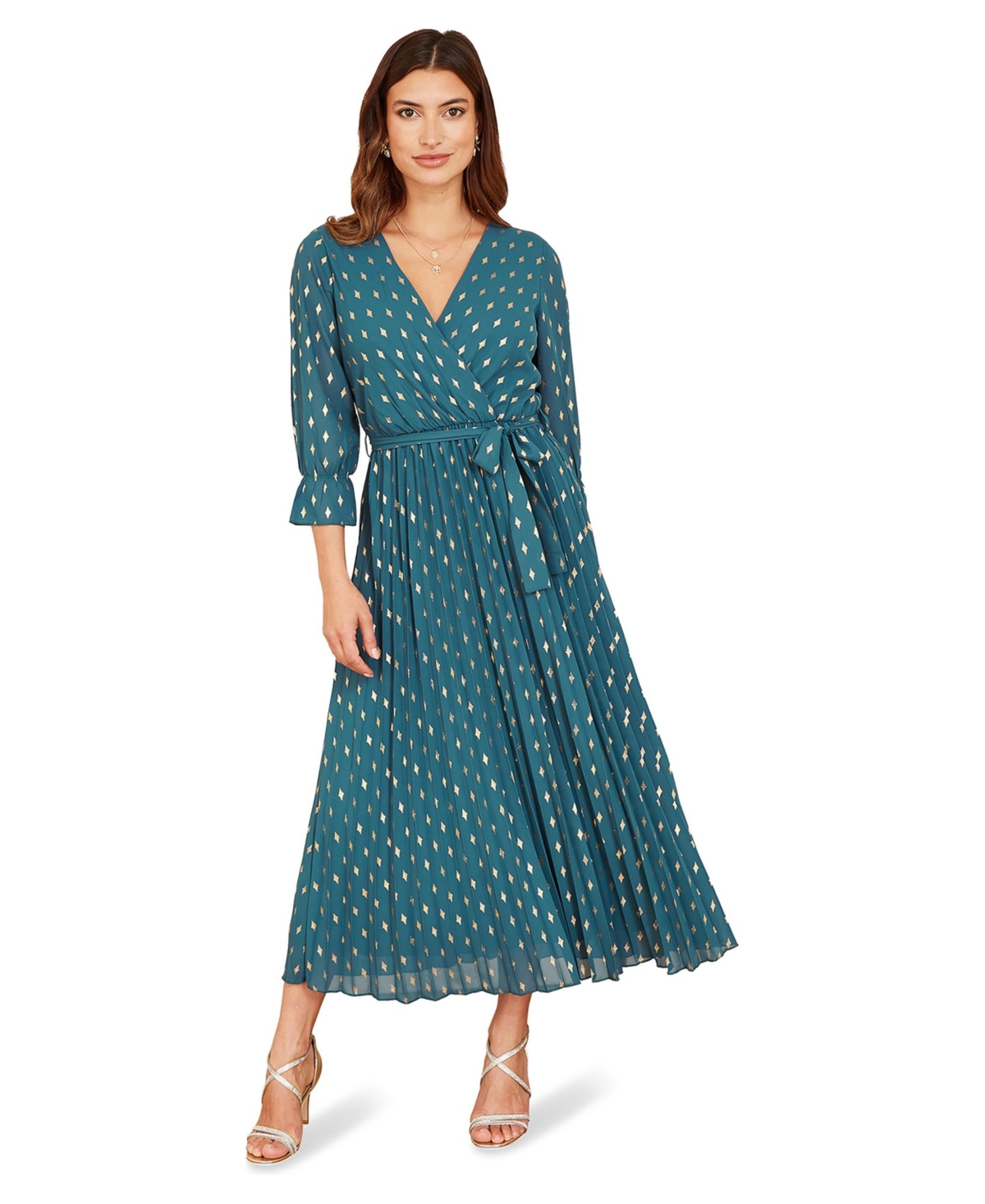 Click here for Yumi Womens Pleated Metallic Wrap Midi Dress - Tea... prices