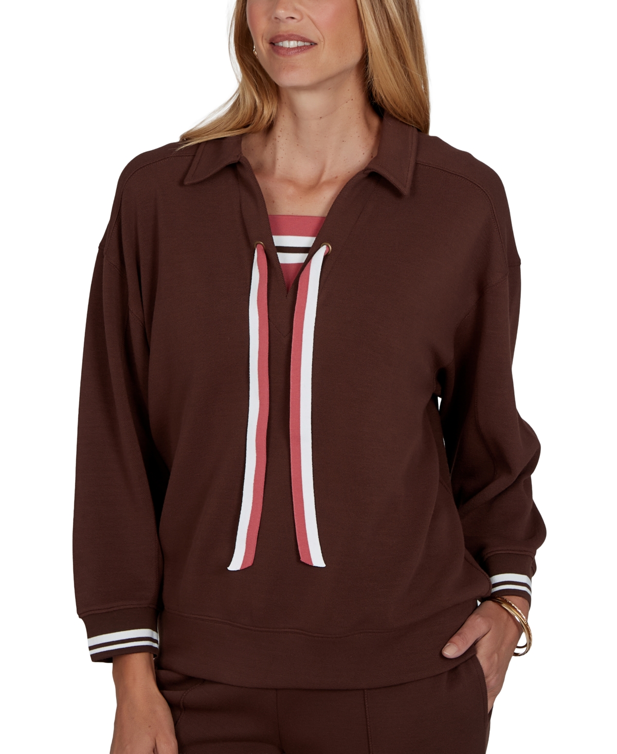 Click here for Ruby Rd. Petite Stripe Trim Drawstring Pullover To... prices