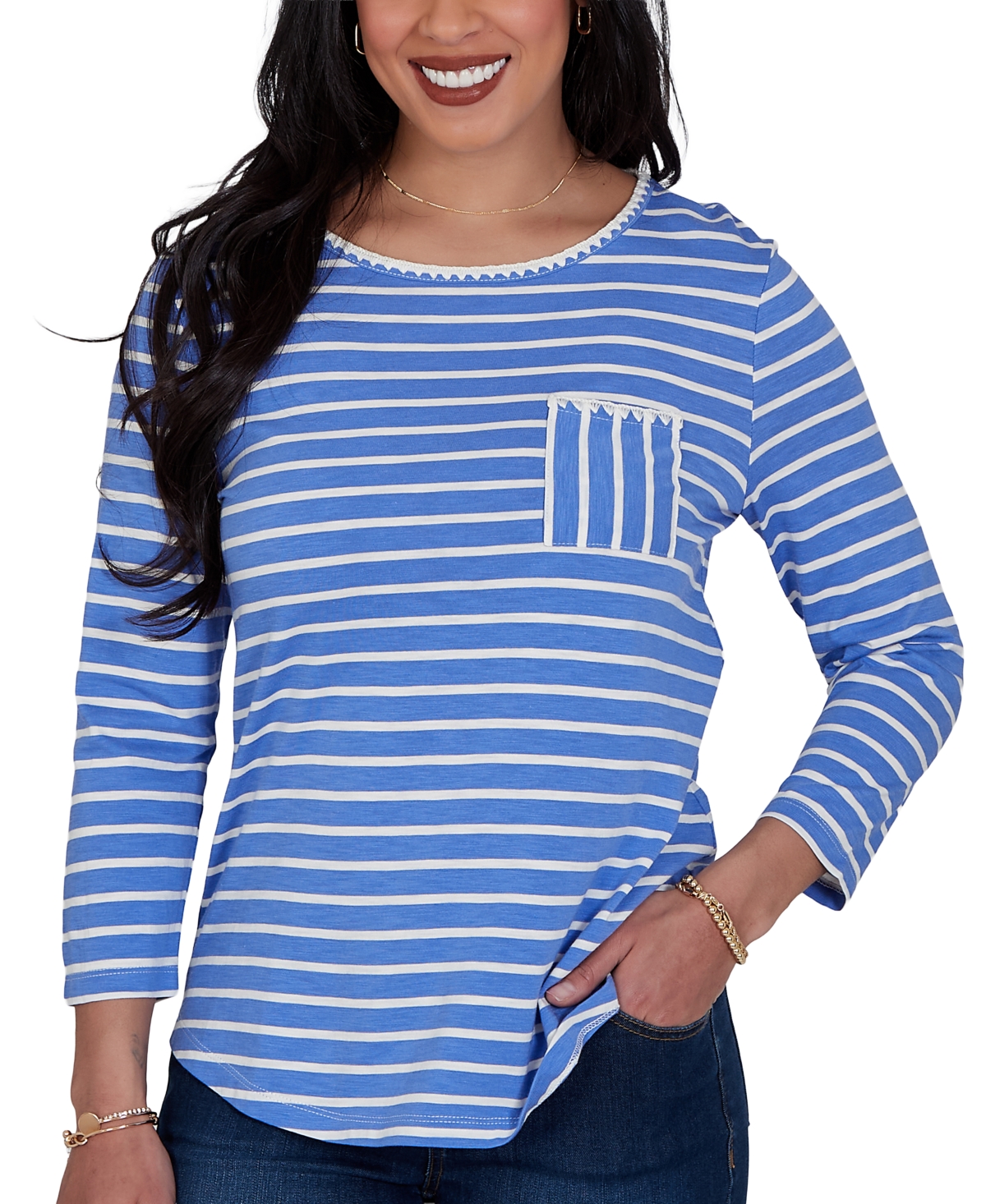 Click here for Ruby Rd. Petite Crochet Trim Stripe Knit Top - Blu... prices
