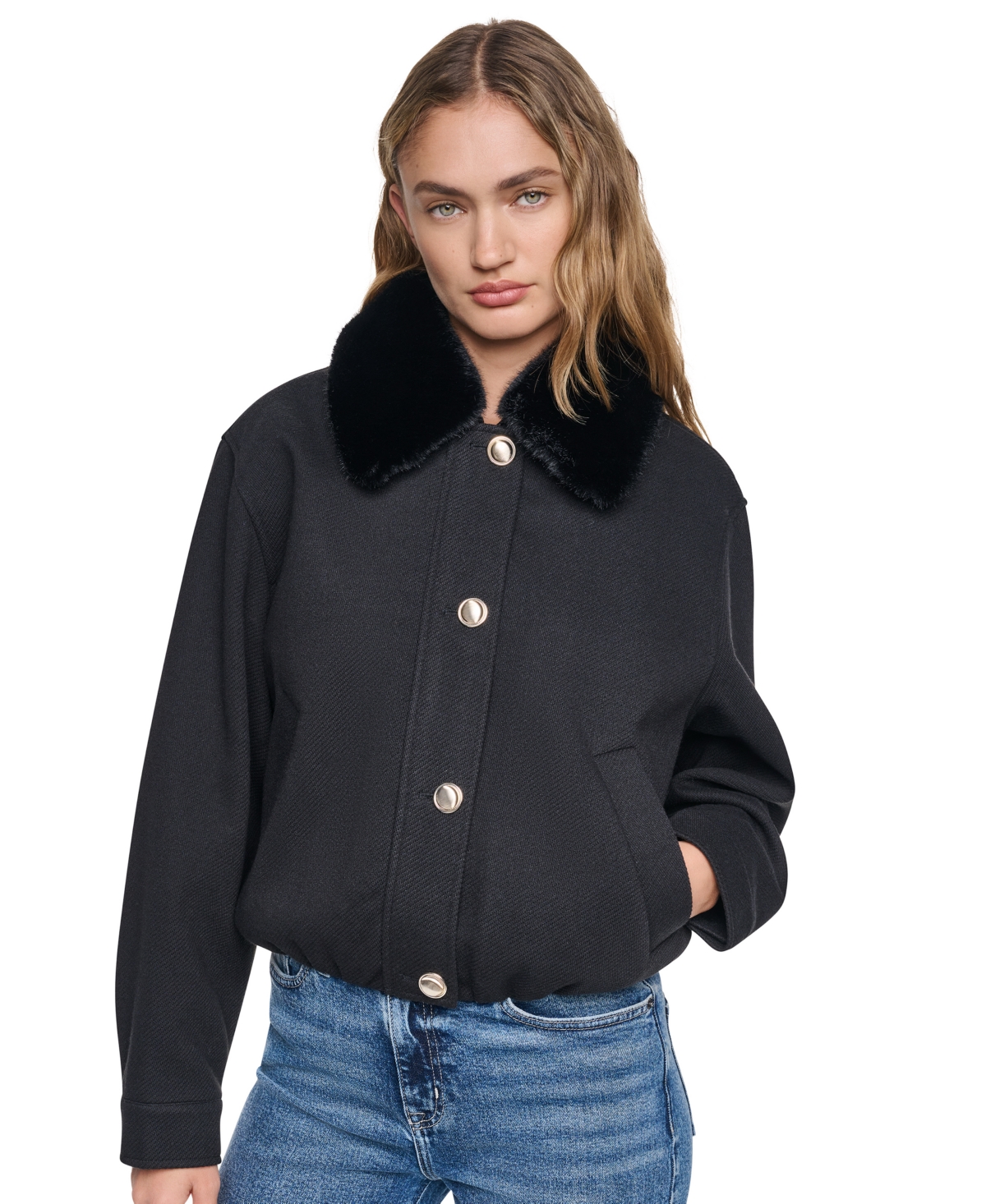 Click here for Dkny Womens Cropped Faux-Fur Collar Bomber Jacket... prices