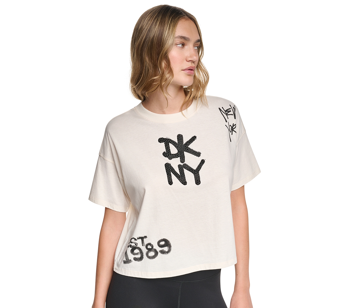 Click here for Dkny Sport Womens Graffiti Logo T-Shirt - Eggnog prices