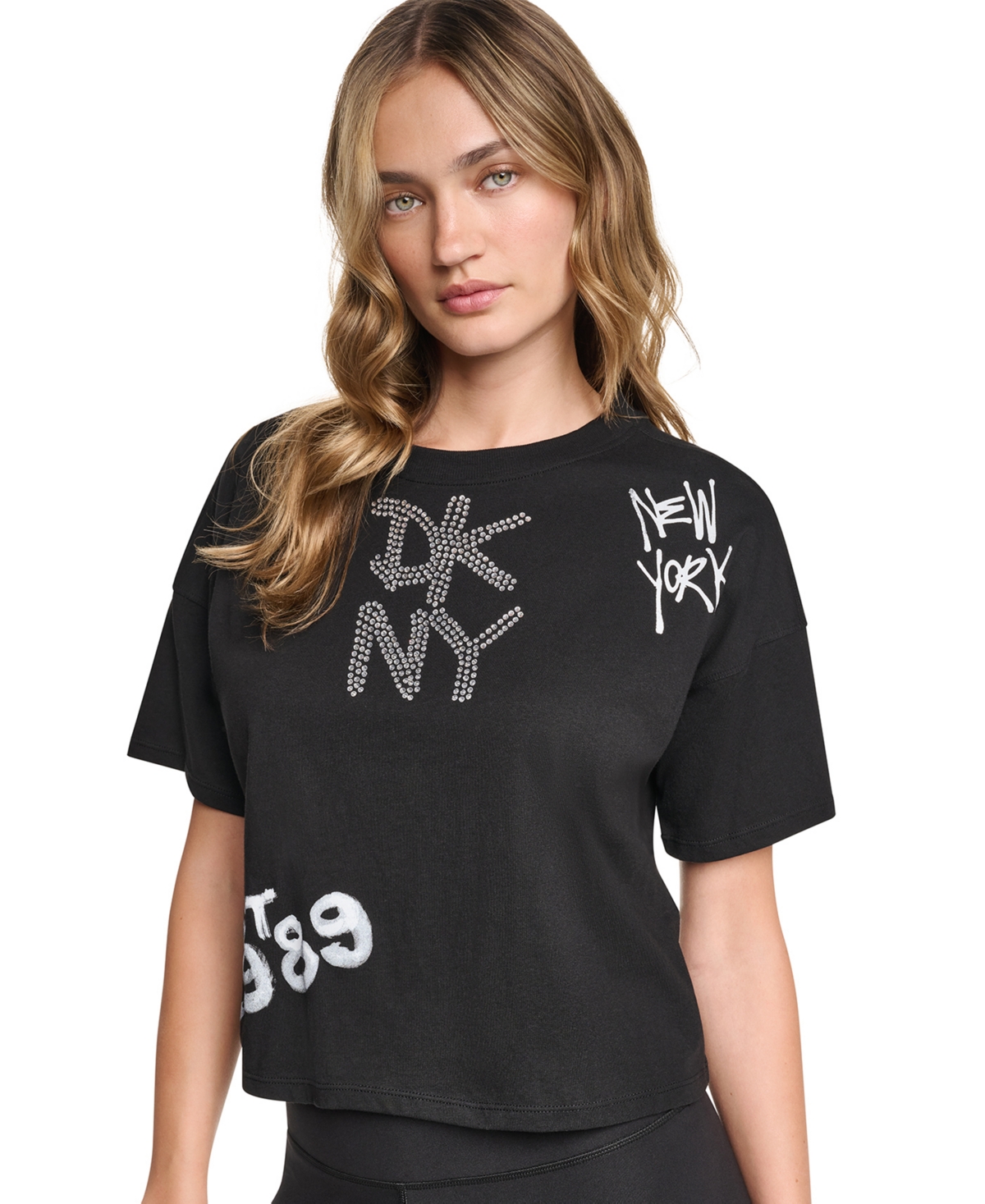 Click here for Dkny Sport Womens Graffiti Logo T-Shirt - Black prices