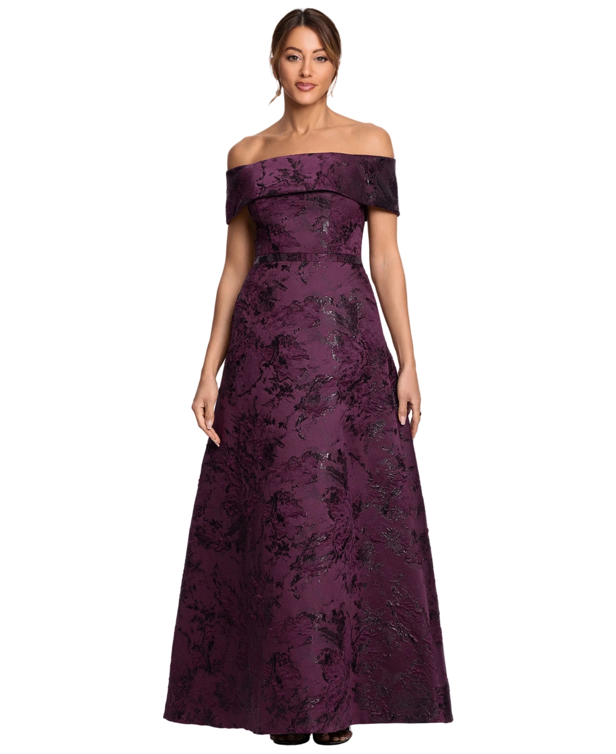 Click here for Xscape Petite Off-the-Shoulder Metallic Brocade A-... prices