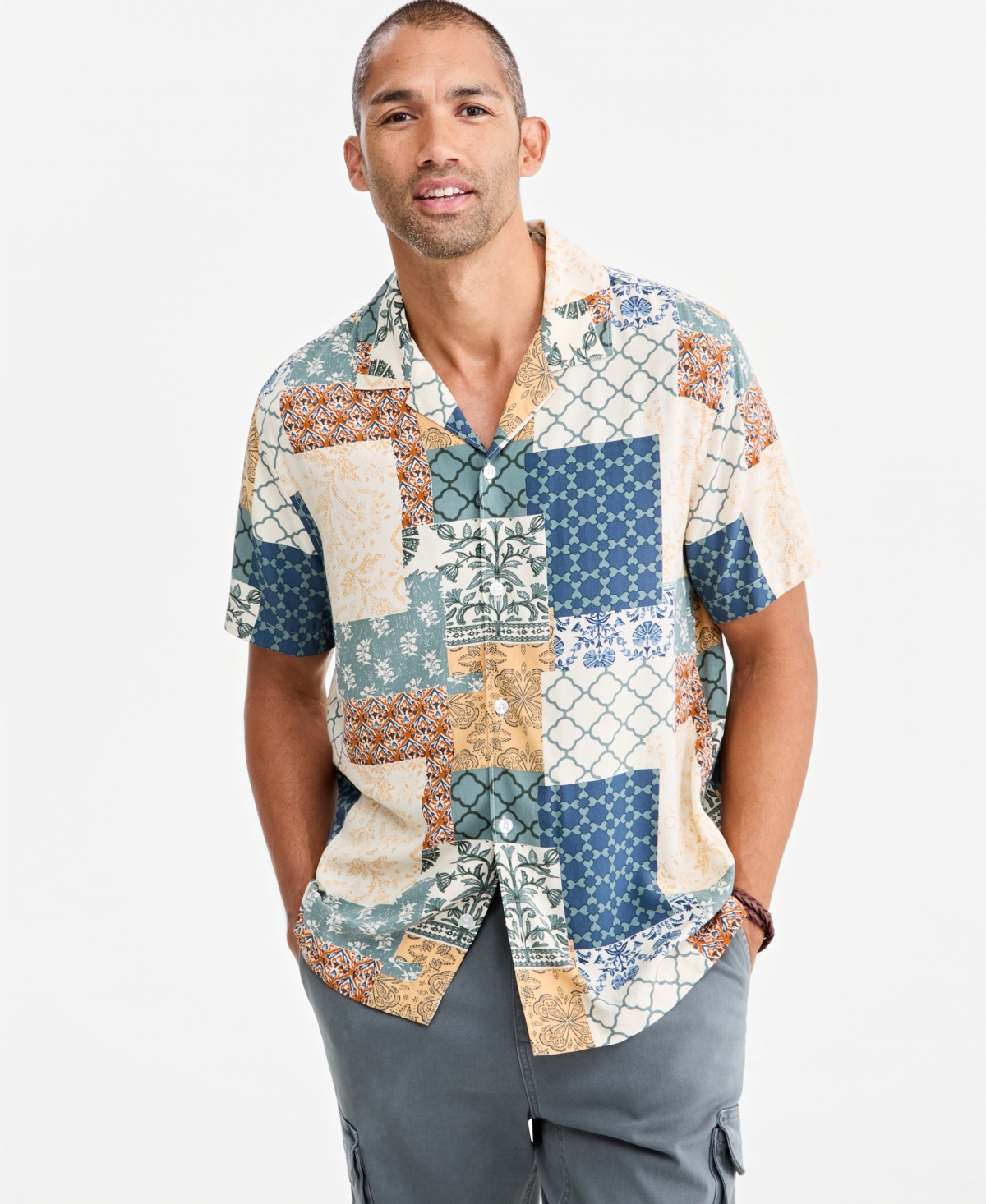Click here for Sun + Stone Mens Jones Patchwork-Print Camp Shirt... prices