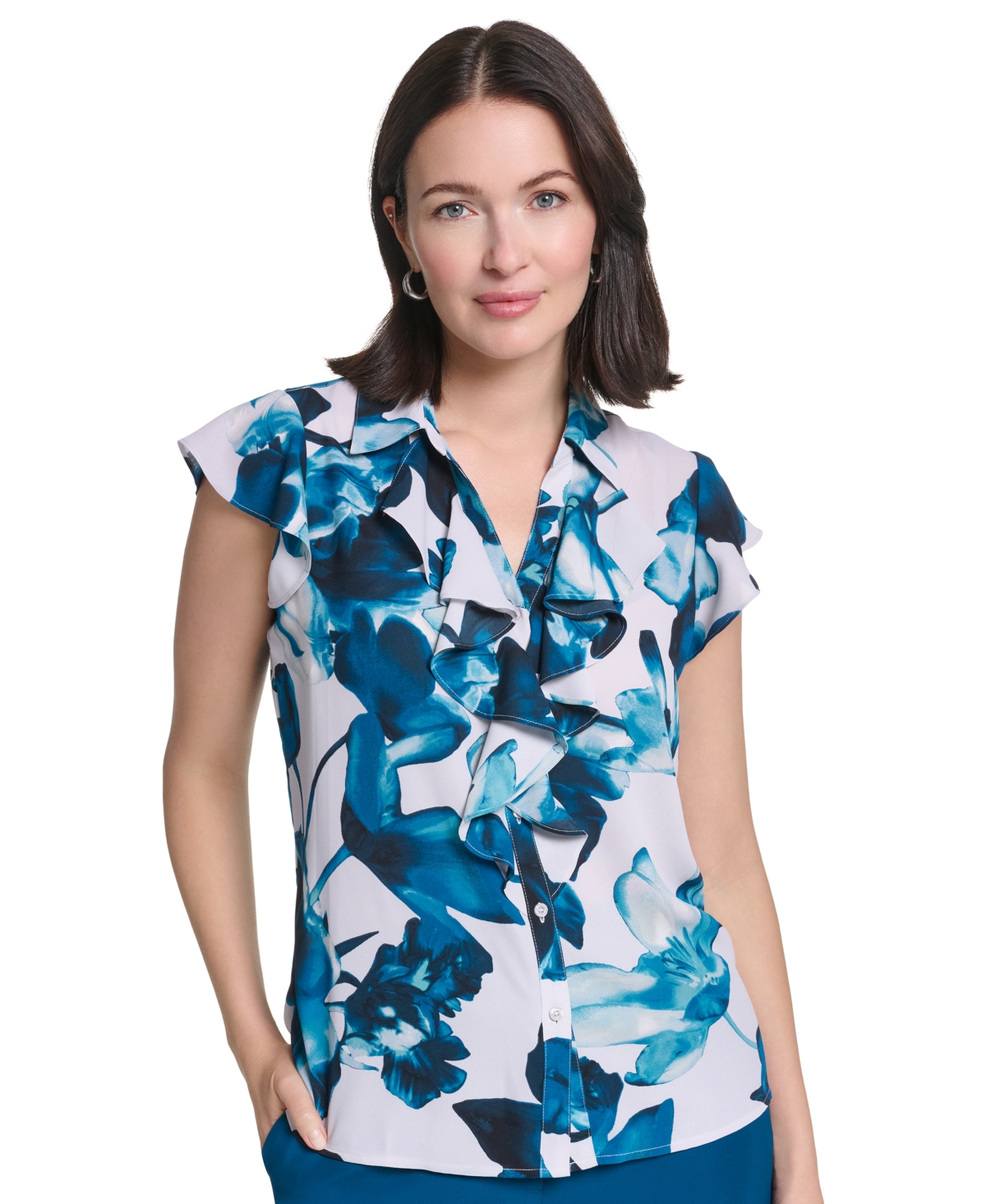Click here for Calvin Klein Womens Ruffle Front Collared Blouse -... prices