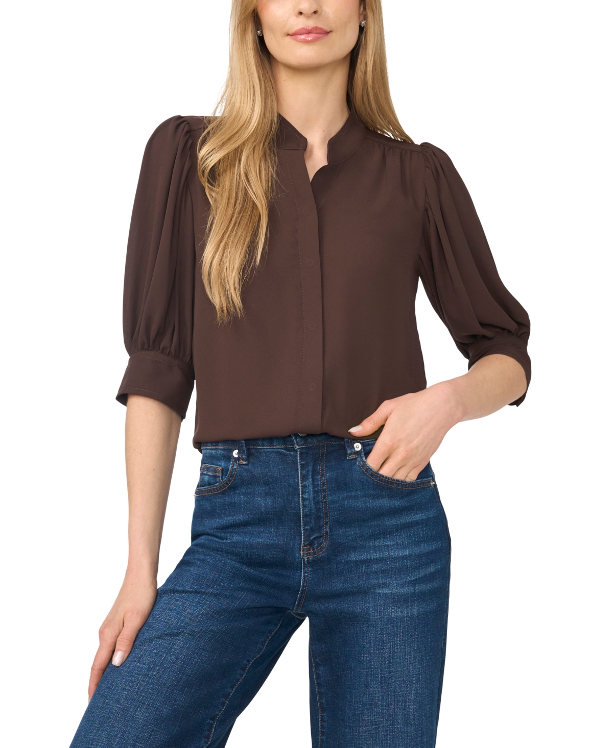 CeCe Womens 3/4-Sleeve Collared Button Down Top - Coffee Bean