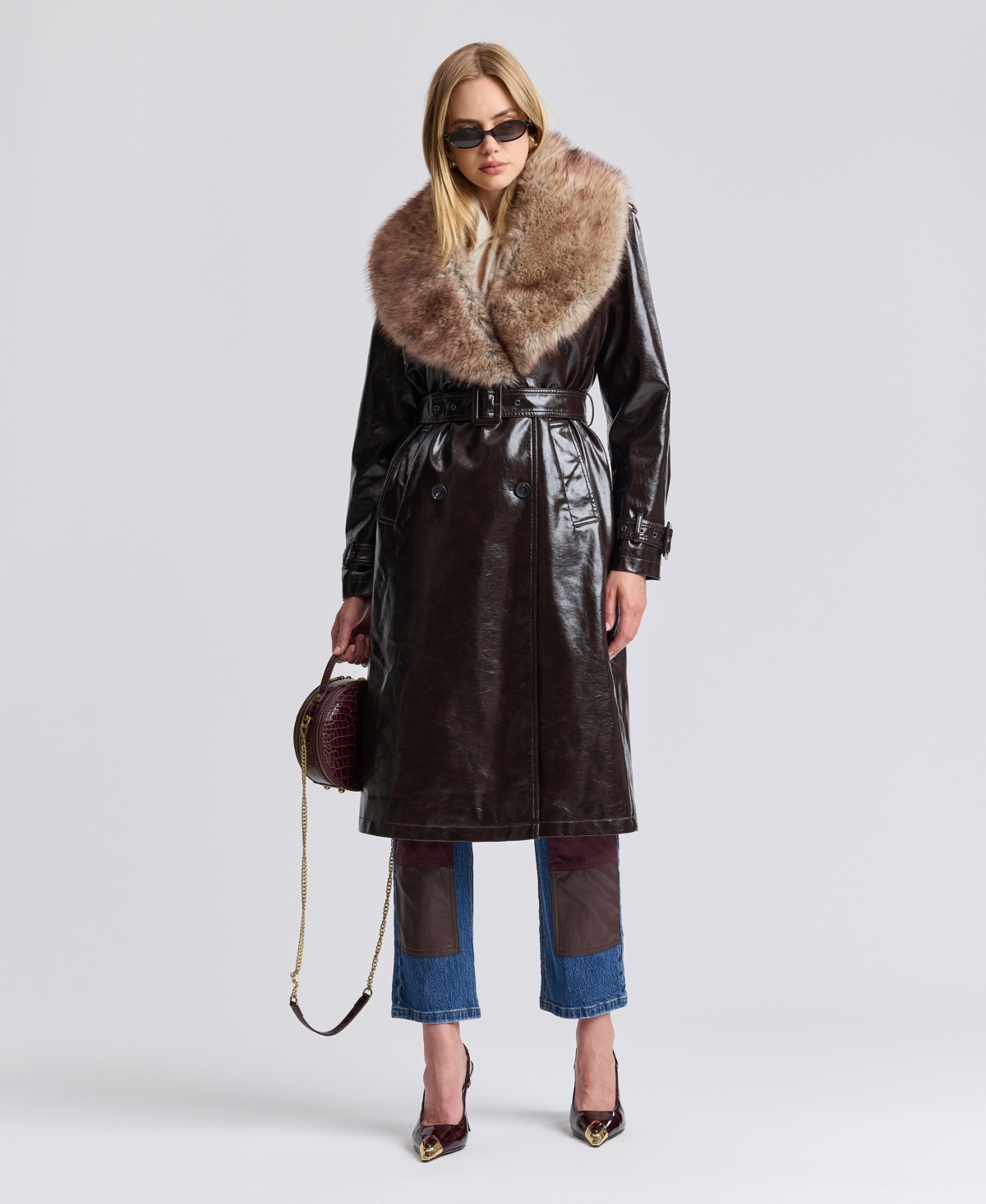 Click here for Avec Les Filles Womens Pleather Trench Coat with F... prices