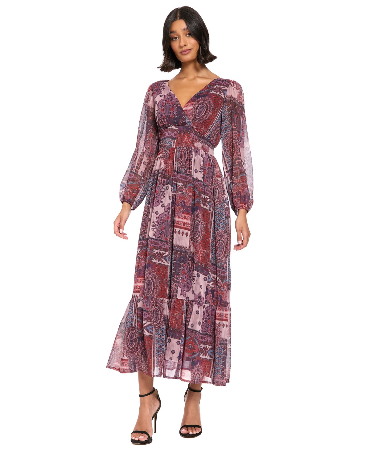 Click here for London Times Womens V-neck Long Dress - Mauve/Rust prices