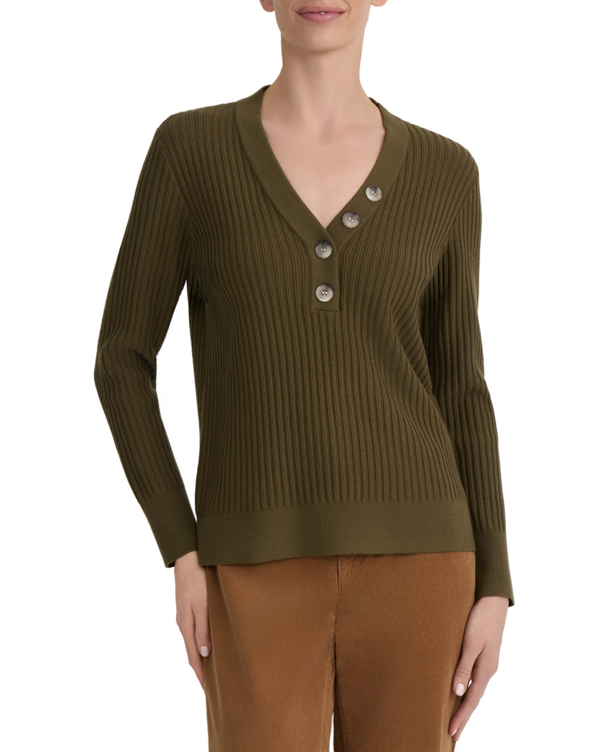 Click here for Jones New York Womens Ribbed V-Neck Long-Sleeve Sw... prices