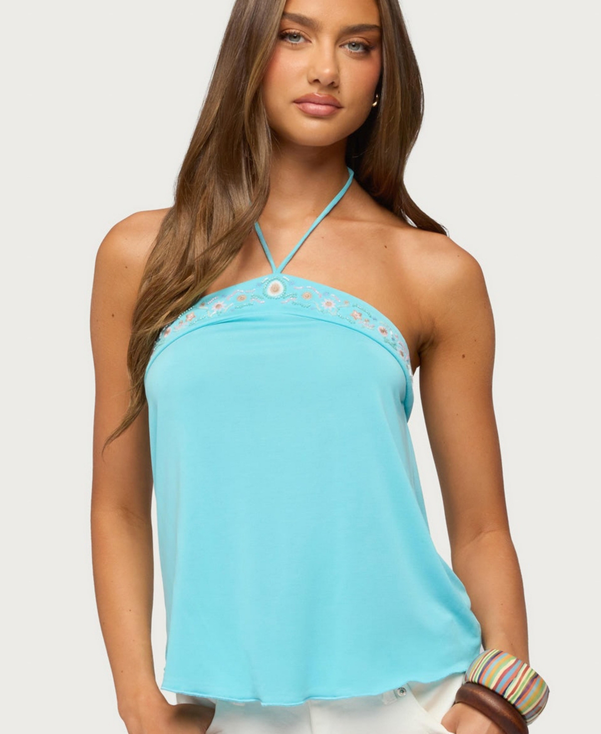 Click here for Edikted Womens Thayer Beaded Halter Top - Aqua prices