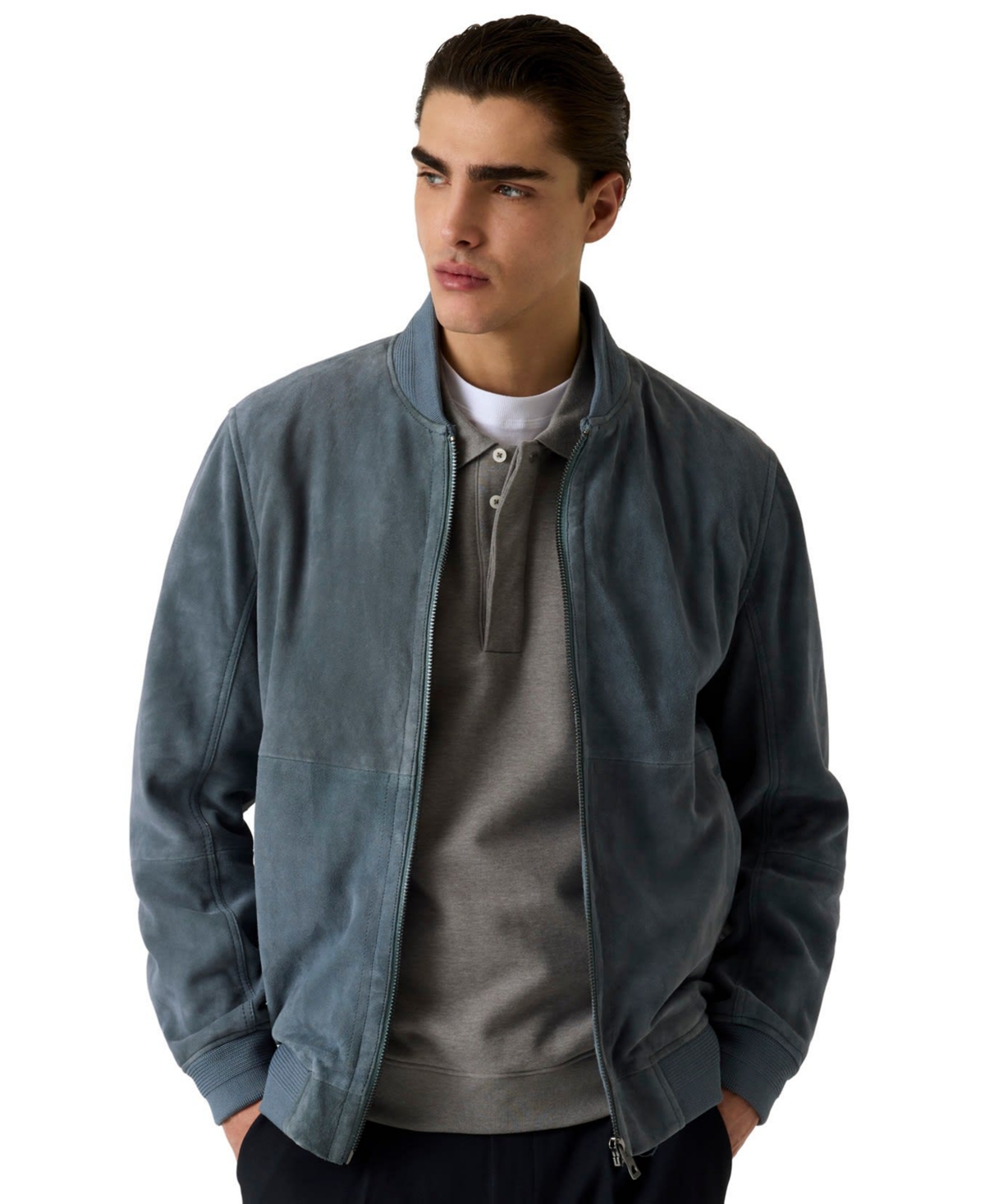 Click here for Guess Mens Goat Suede Bomber Jacket - Dusty Blue prices