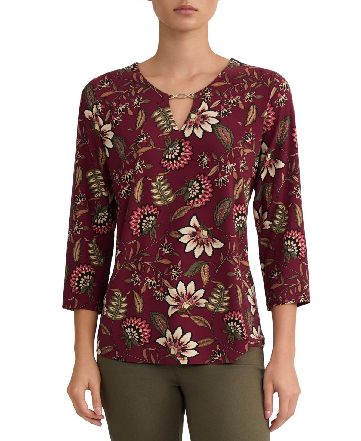 Click here for Jones New York Womens Floral-Print V-Neck 3/4-Slee... prices