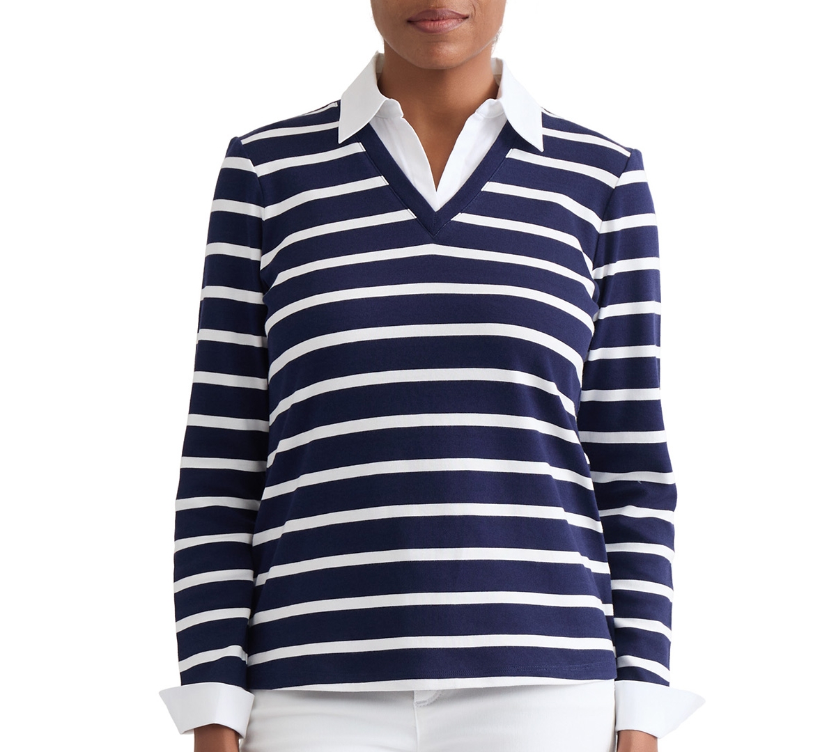 Click here for Jones New York Petite Long-Sleeve Striped V-Neck T... prices