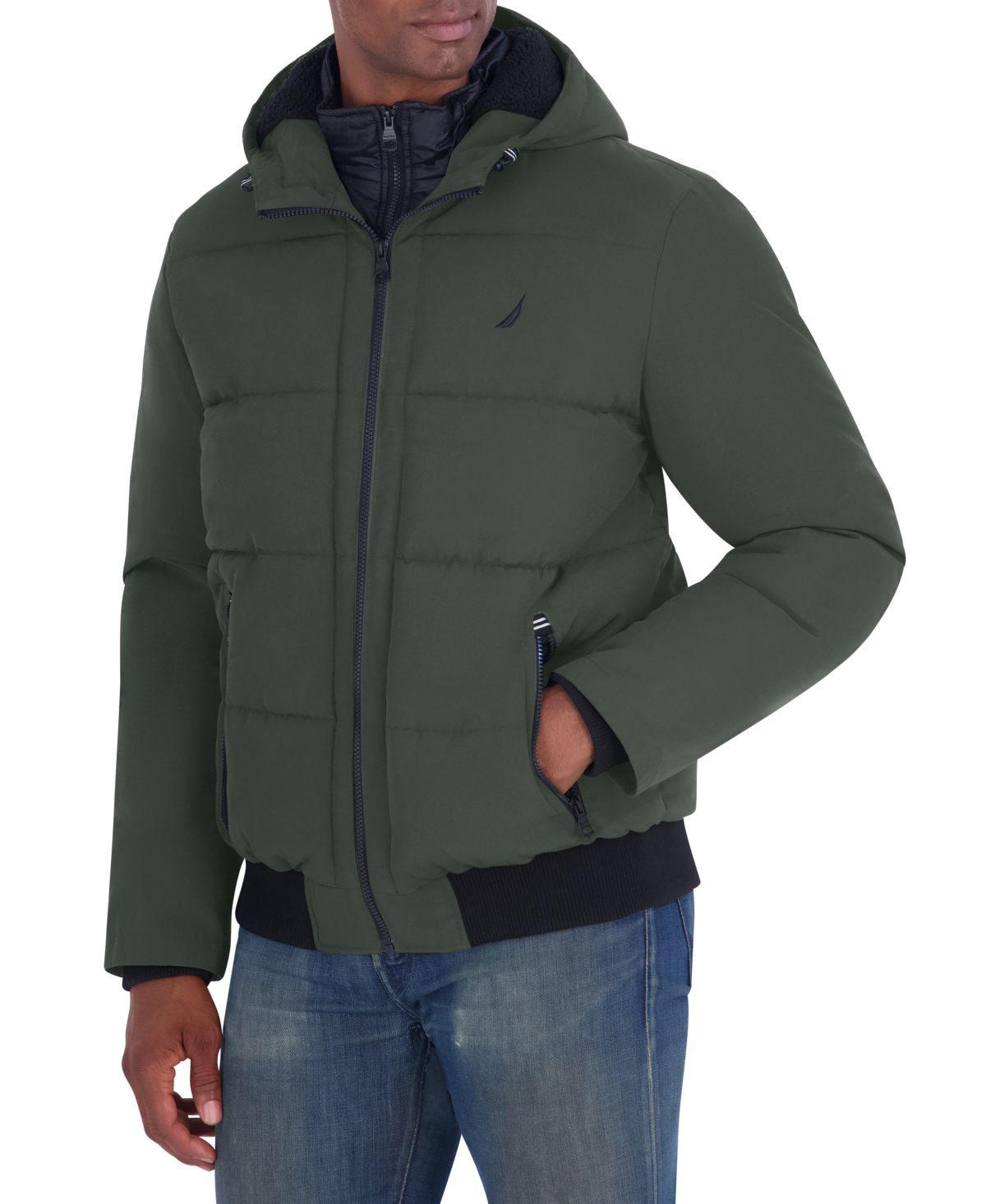 Click here for Nautica Mens Mix-Quilted Bomber Jacket - Dark Fore... prices